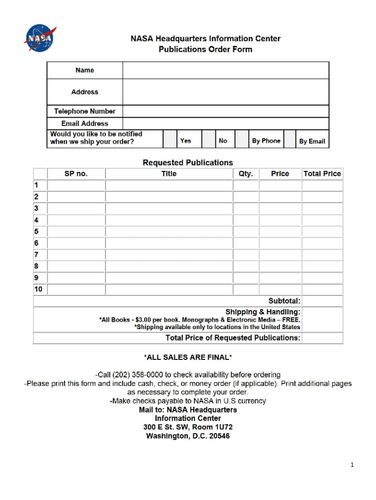 Fillable Online NASA Headquarter Information Center Publications Order ...