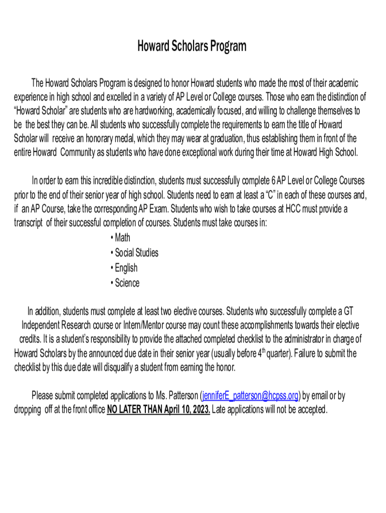 Fillable Online hohs hcpss Howard Scholars Certificate Checklist Fax ...