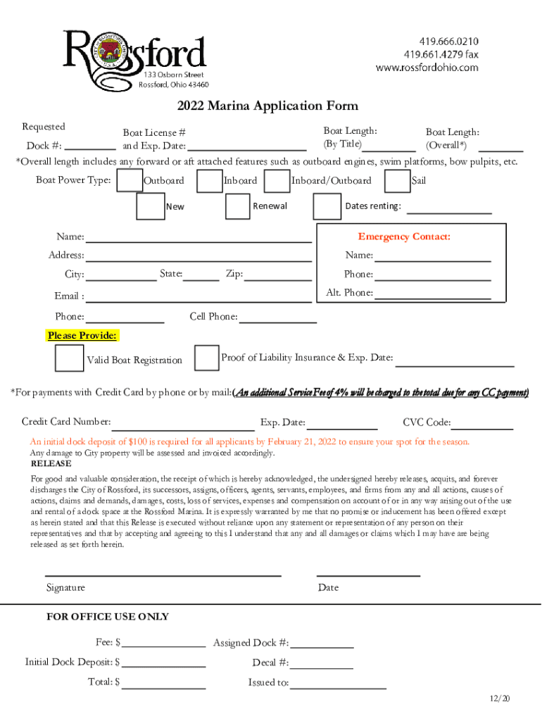Fillable Online 2022 Marina Application Form Fax Email Print - pdfFiller