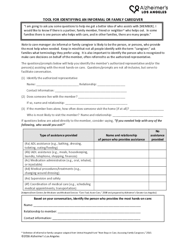 Fillable Online Tool for Identifying an Informal or Family Caregiver ...