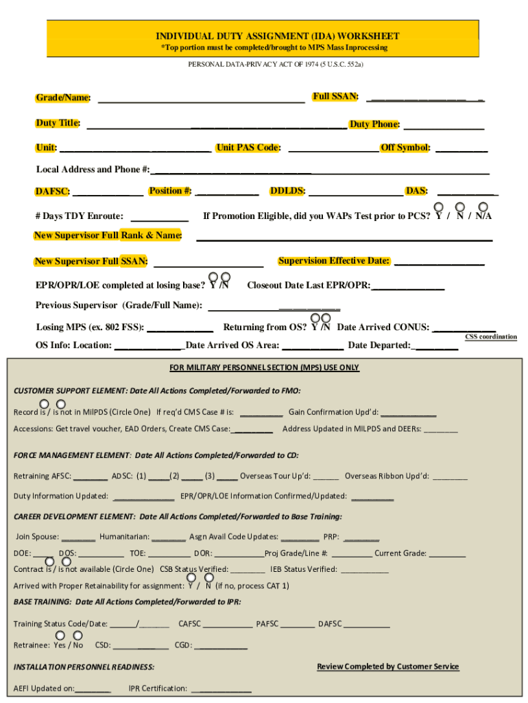 Fillable Online INDIVIDUAL DUTY ASSIGNMENT (IDA) WORKSHEET Grade ...