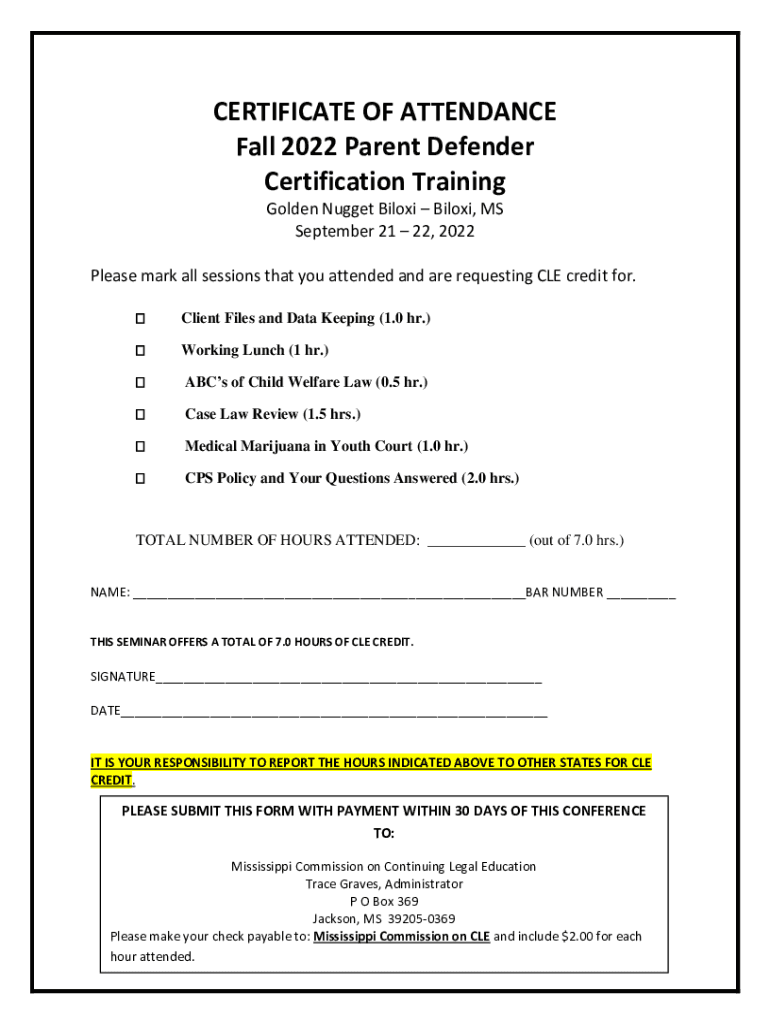 Fillable Online CERTIFICATE OF ATTENDANCE Fall 2022 Parent ... Fax Email Print - pdfFiller