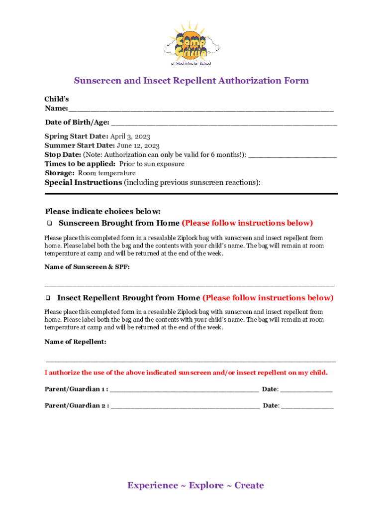 Fillable Online permission to administer sunscreen/insect repellent Fax ...