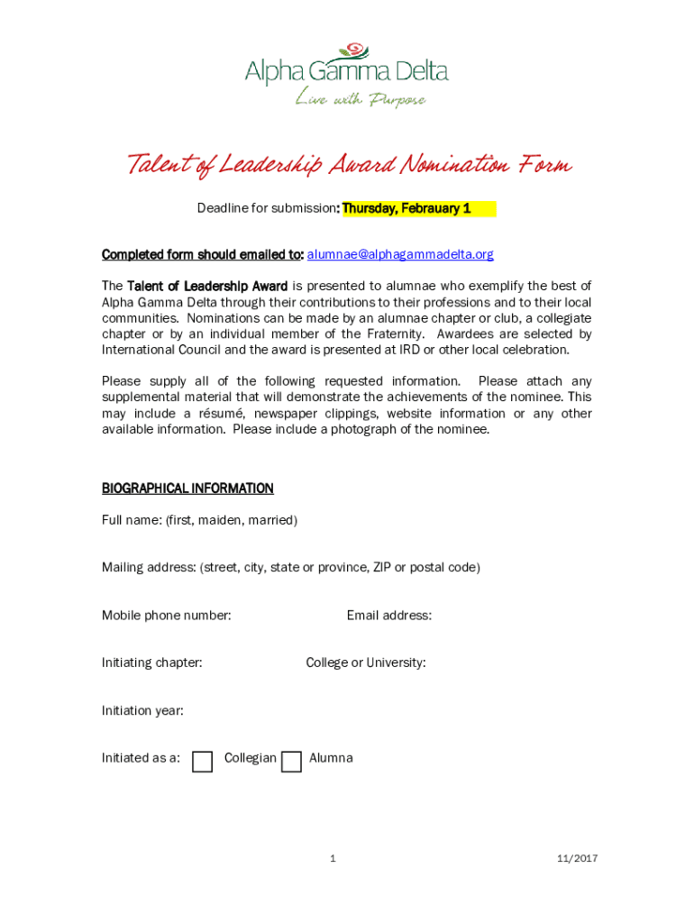 Fillable Online Talent of Leadership Award Nomination Form Fax Email ...