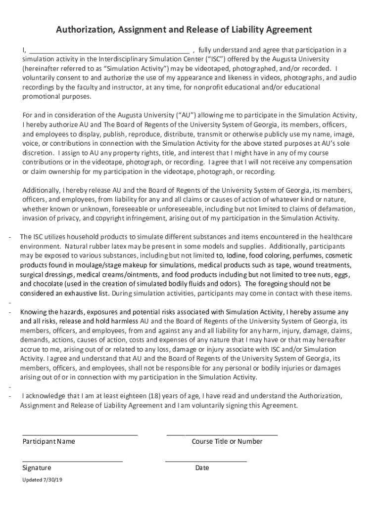 Fillable Online Authorization, Assignment and Release of Liability ...