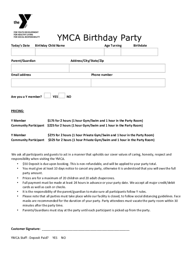 Fillable Online YMCA Birthday Party Fax Email Print - pdfFiller