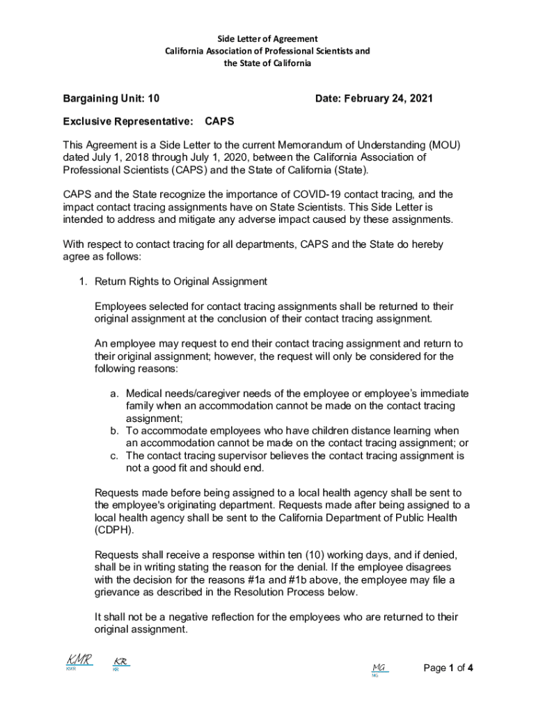 Fillable Online Side Letter of Agreement between California Association ...