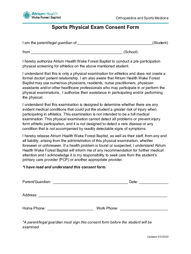 Fillable Online Orthopaedic ServicesAtrium Health Wake Forest Baptist Fax Email Print - pdfFiller