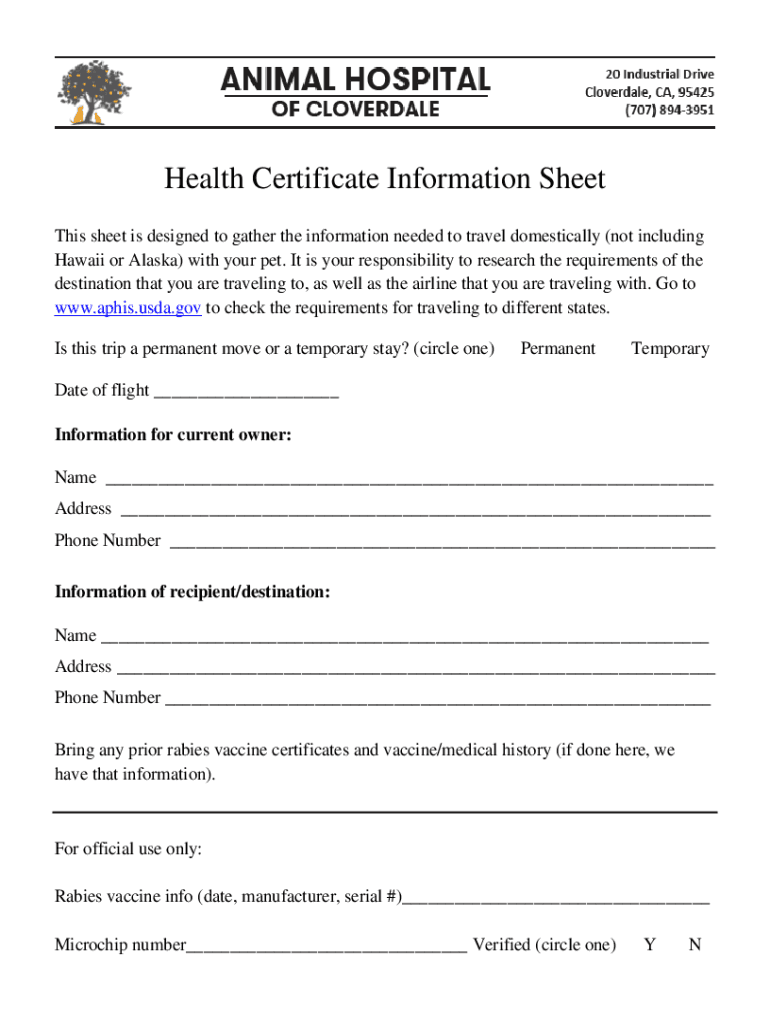Fillable Online Health Certificate Information Sheet Fax Email Print ...