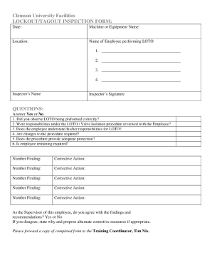 Fillable Online Lockout-Tagout Supervisor Inspection Form. ... Fax ...