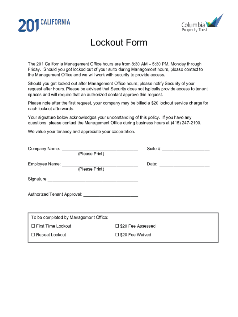Fillable Online Lockout Form Fax Email Print - pdfFiller