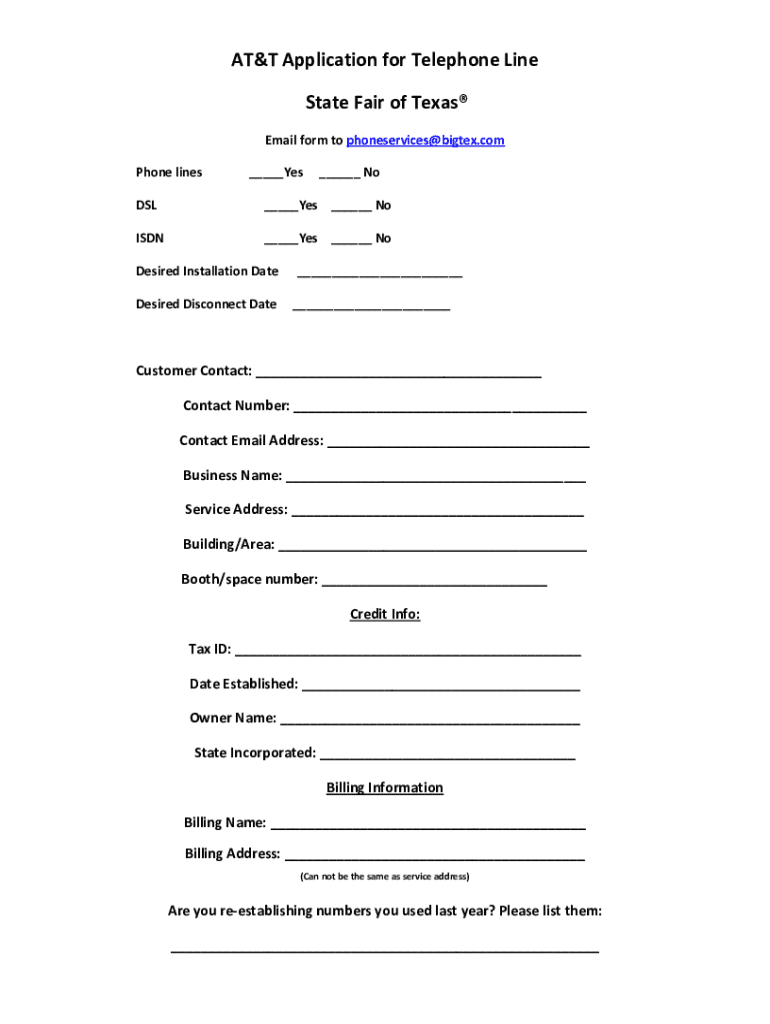 Fillable Online AT&T Application for Telephone Line State Fair of Texas ...