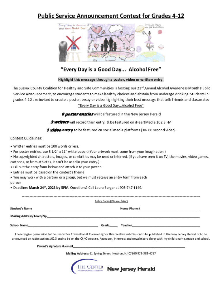 Fillable Online Public Service Announcement Contest for Grades 4-12 Fax ...