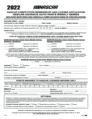 Fillable Online NASCAR Advance Auto Parts Weekly Series Licence Save ...