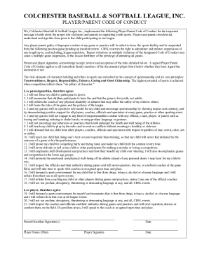 Fillable Online COLCHESTER BASEBALL AND SOFTBALL LEAGUE PARENT CODE OF ...