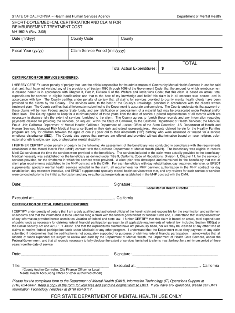 Fillable Online Short Doyle / Medi - Cal Certification And Claim For Reimbursement Treatment ...