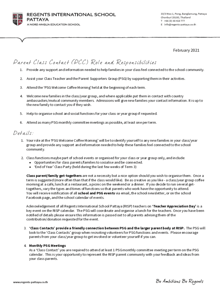 Fillable Online Parent Class Contact (PCC) Role and Responsibilities ...