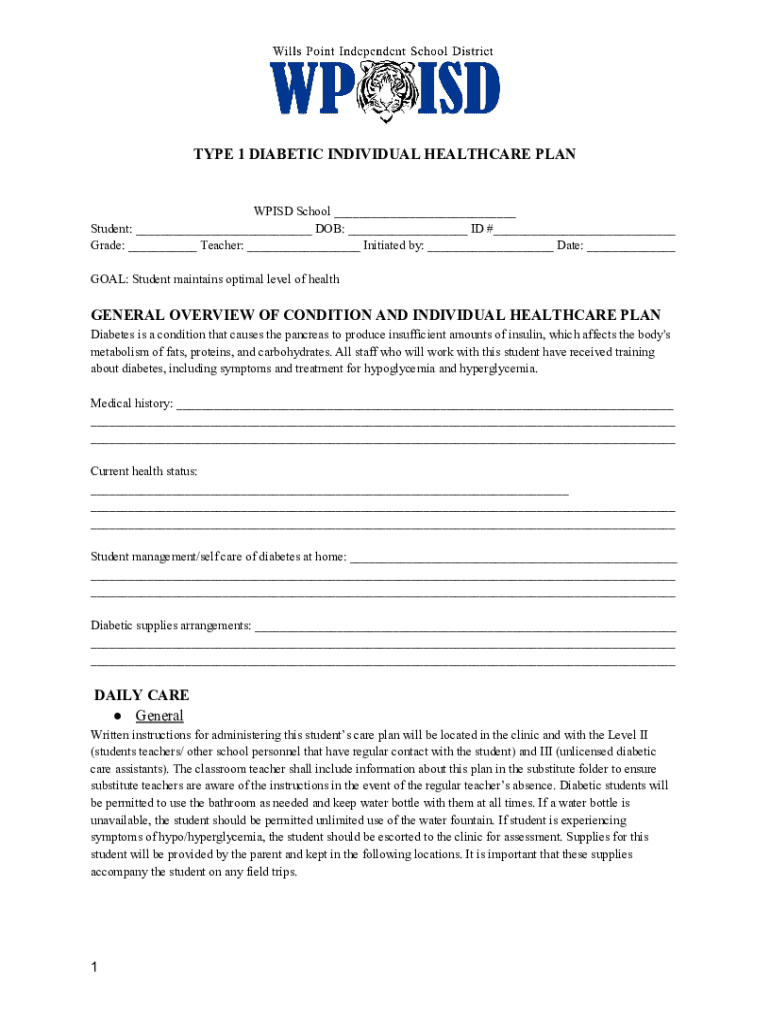 Fillable Online type 1 diabetic individual healthcare plan Fax Email ...