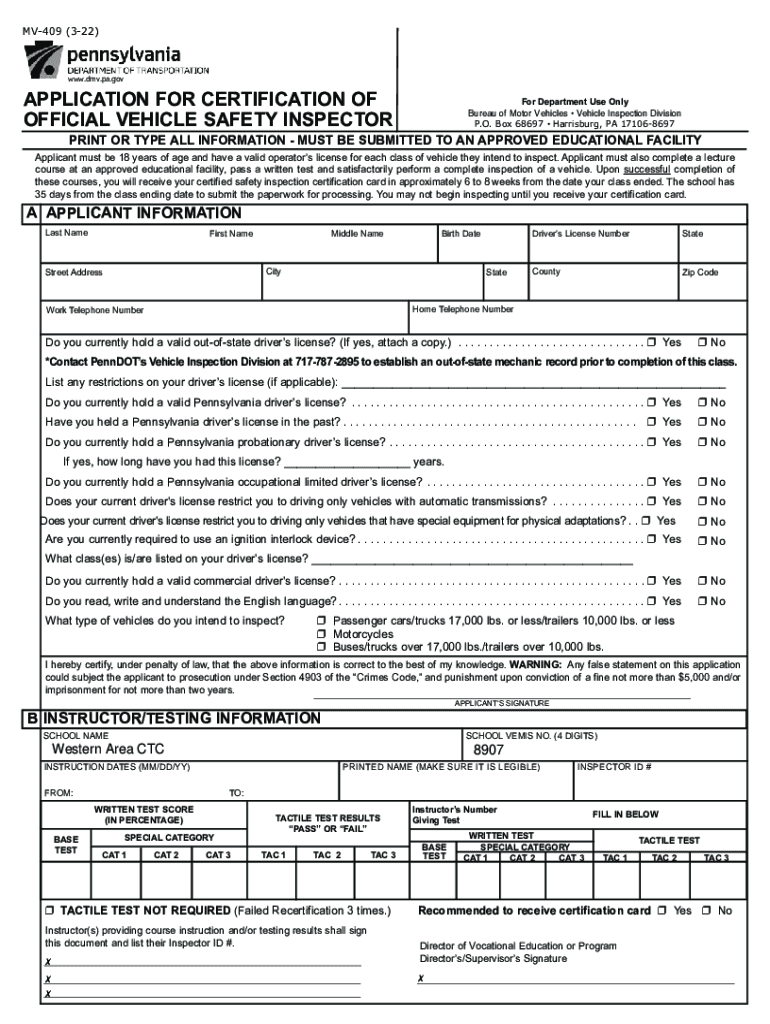 Fillable Online Vehicle Safety Inspection Forms - DMV - PA.GOV Fax ...