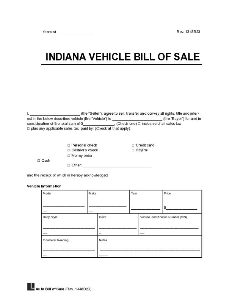 Fillable Online Indiana (DMV) Bill of Sale Form for Motor Vehicle ...