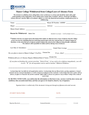 Fillable Online Fillable Manor College Withdrawal from College/Leave of ... Fax Email Print ...