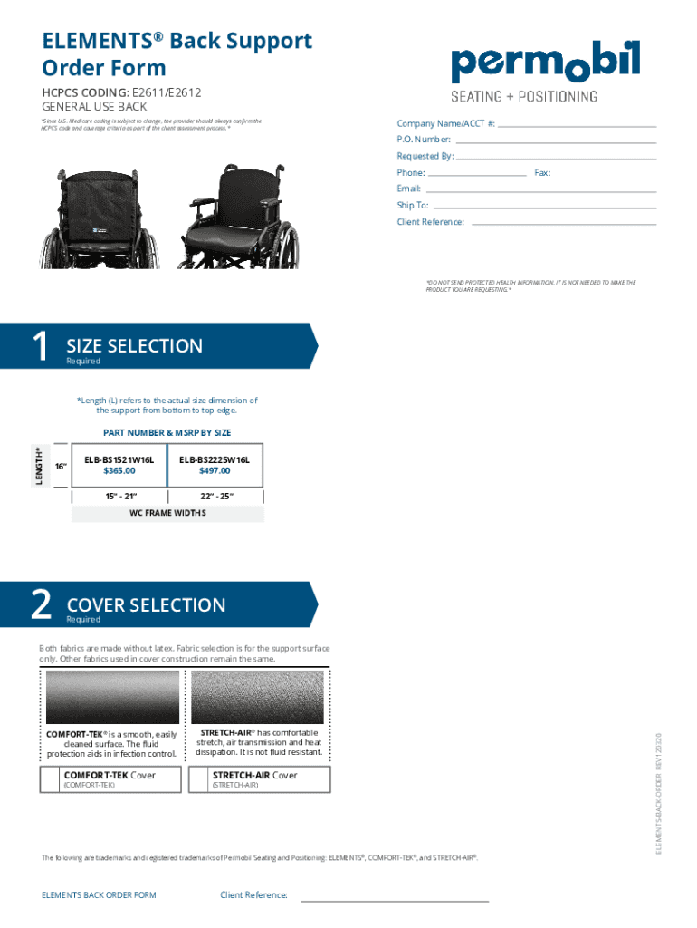 Fillable Online Comfort Company Elements Back Support Order Form Fax ...