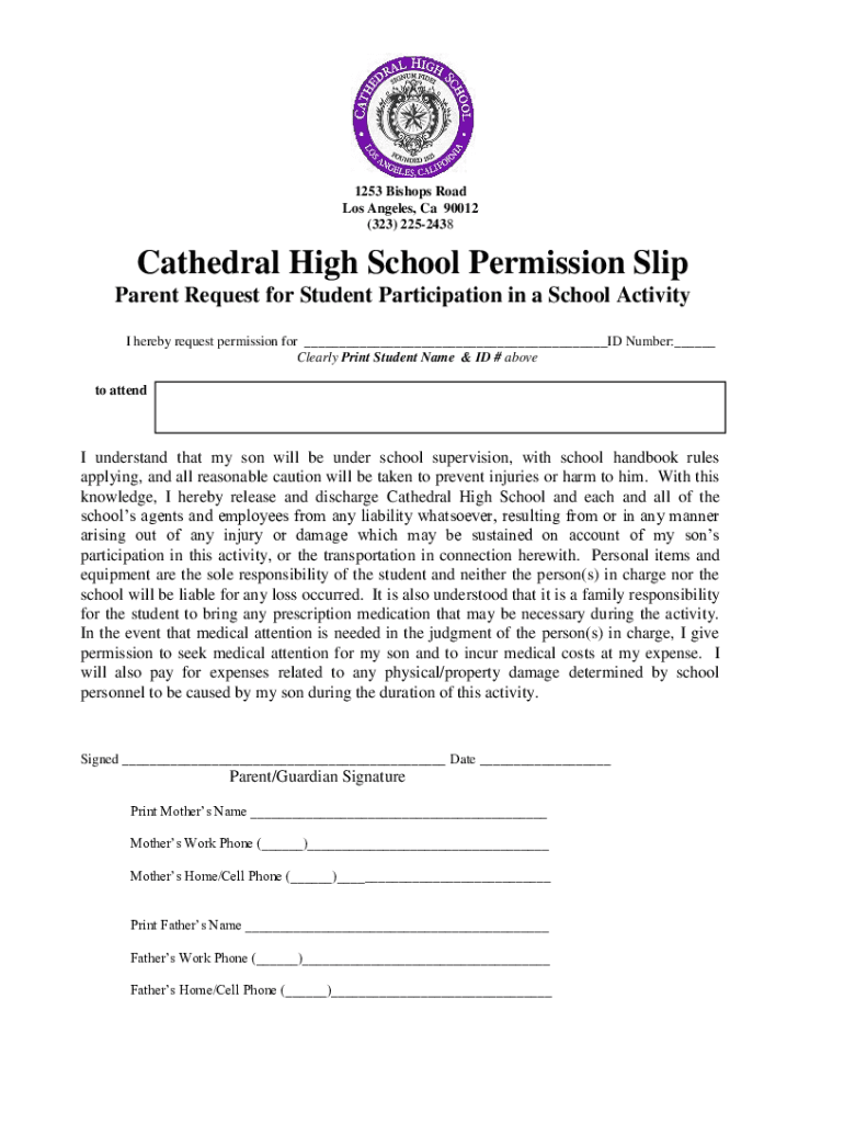 Fillable Online Cathedral High School Permission Slip Fax Email Print ...