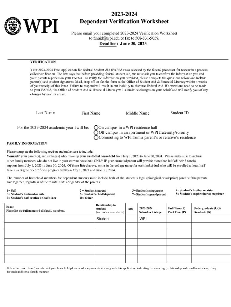Fillable Online Please email your completed 2023-2024 Verification Worksheet Fax Email Print ...