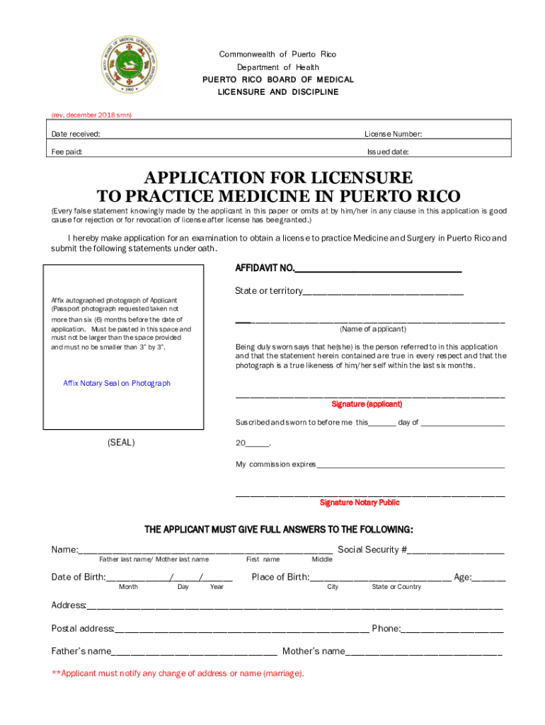 Fillable Online APPLICATION FOR LICENSURE TO PRACTICE MEDICINE IN ...