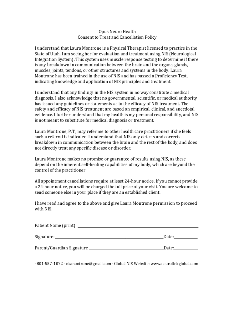 Fillable Online Opus Neuro Health Consent to Treat and Cancellation ...