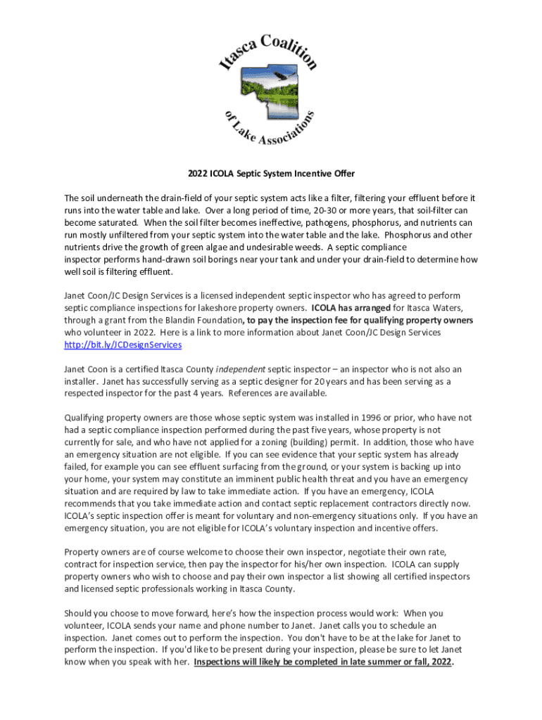 Fillable Online 2022 ICOLA Septic Compliance Inspection Offer Details and Signature ...