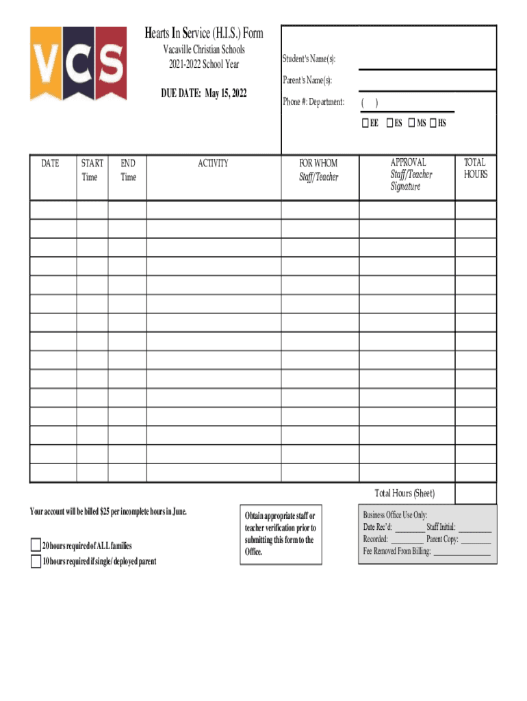 Fillable Online H.I.S. (Hearts in Service) Hours Form Fax Email Print ...