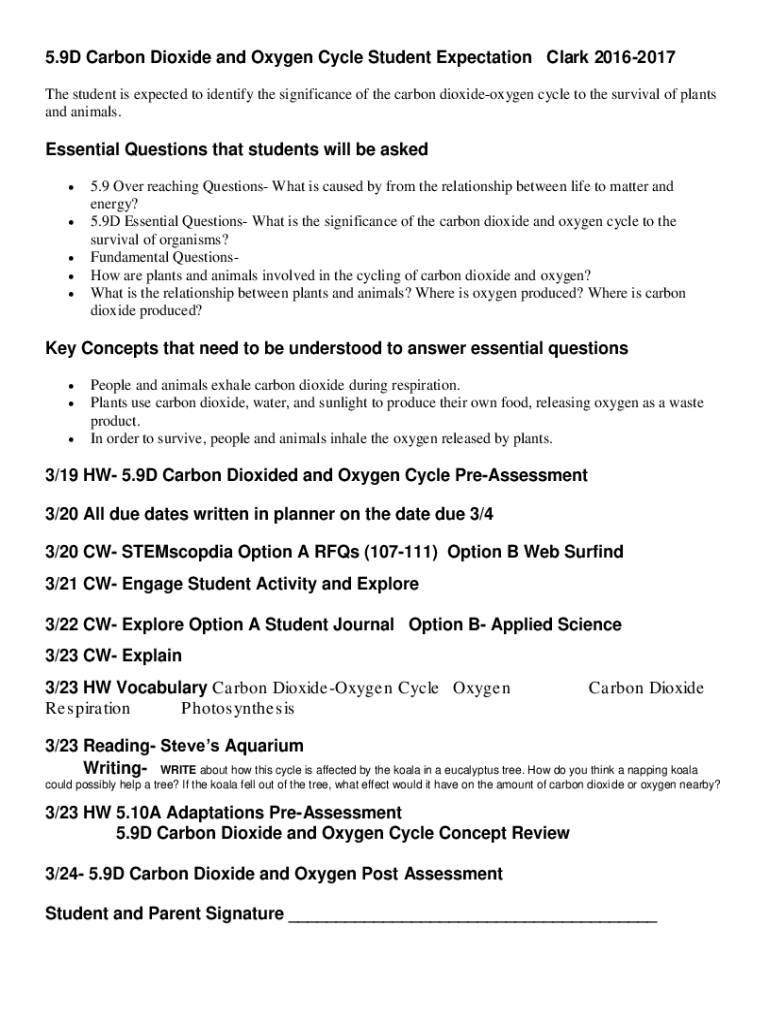 Fillable Online 5.9D Carbon Dioxide and Oxygen Cycle Student Expectation Fax Email Print - pdfFiller