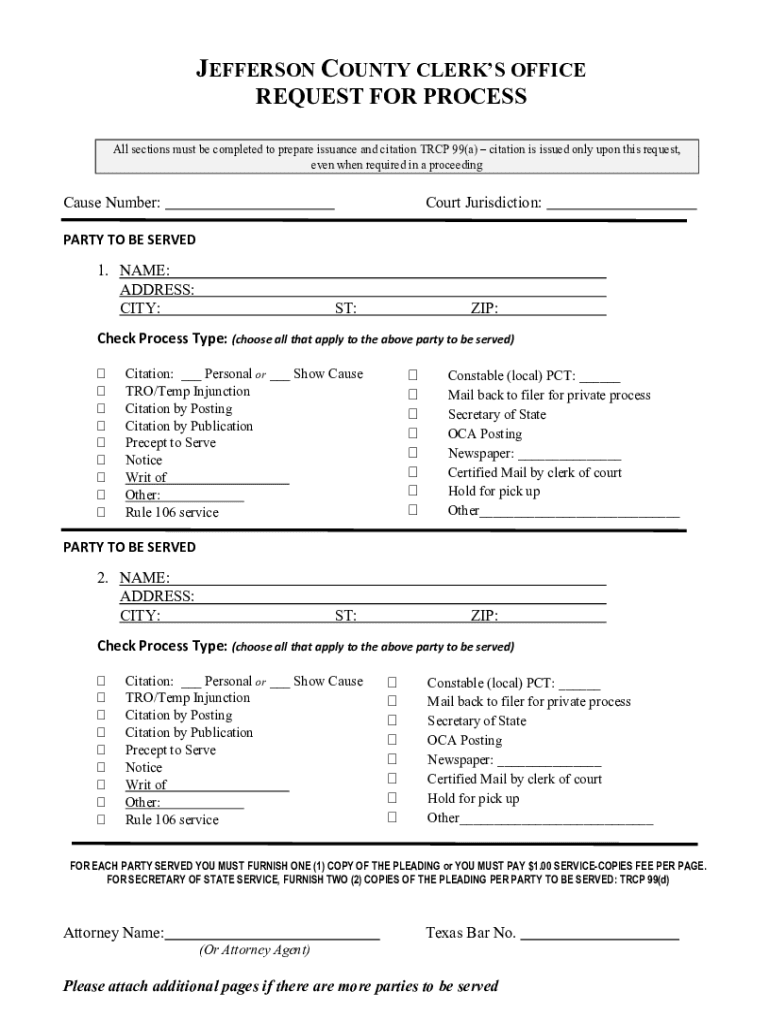 Fillable Online jefferson county clerk's office - request for process Fax Email Print - pdfFiller