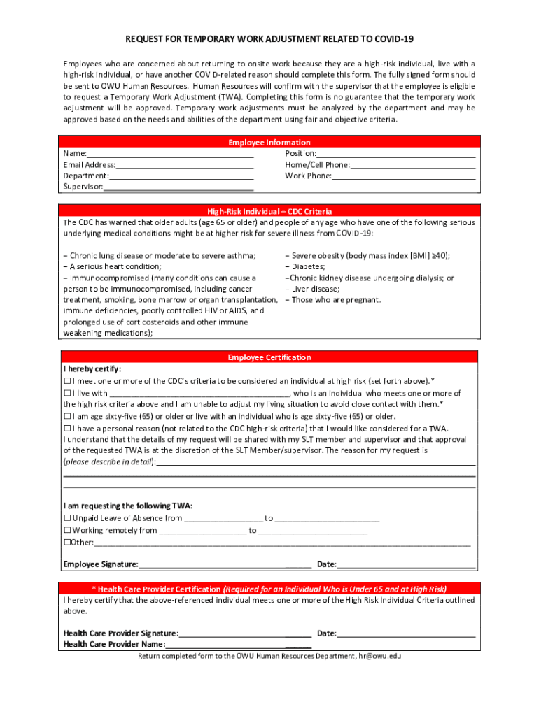Fillable Online request for temporary work adjustment related to covid ...