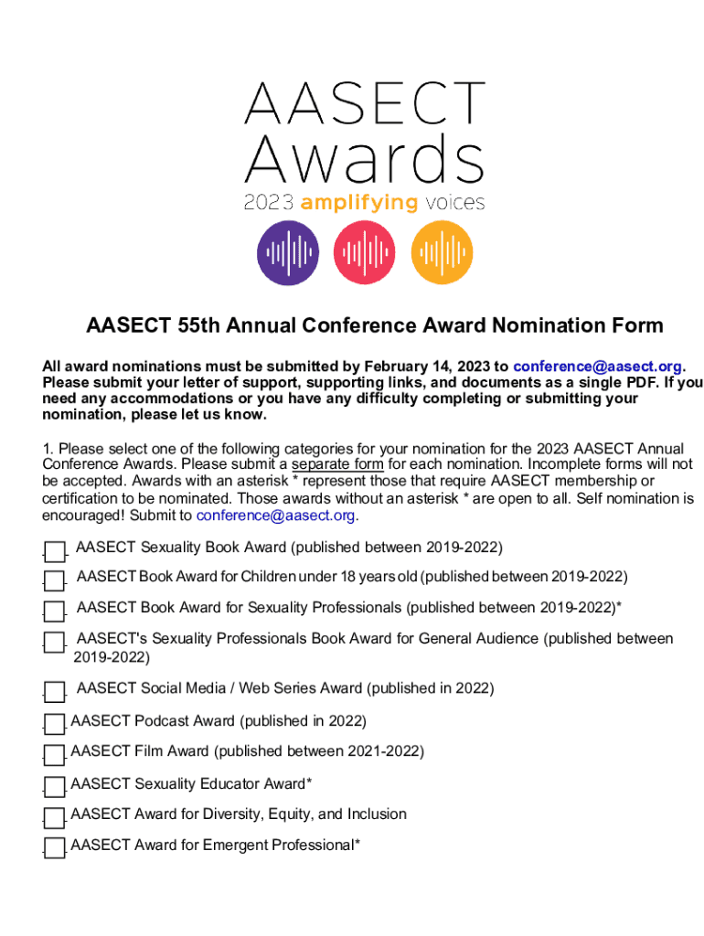 Fillable Online AASECT 55th Annual Conference Award Nomination Form Fax ...