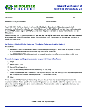 Fillable Online Student Verification of Tax Filing Status Fax Email ...