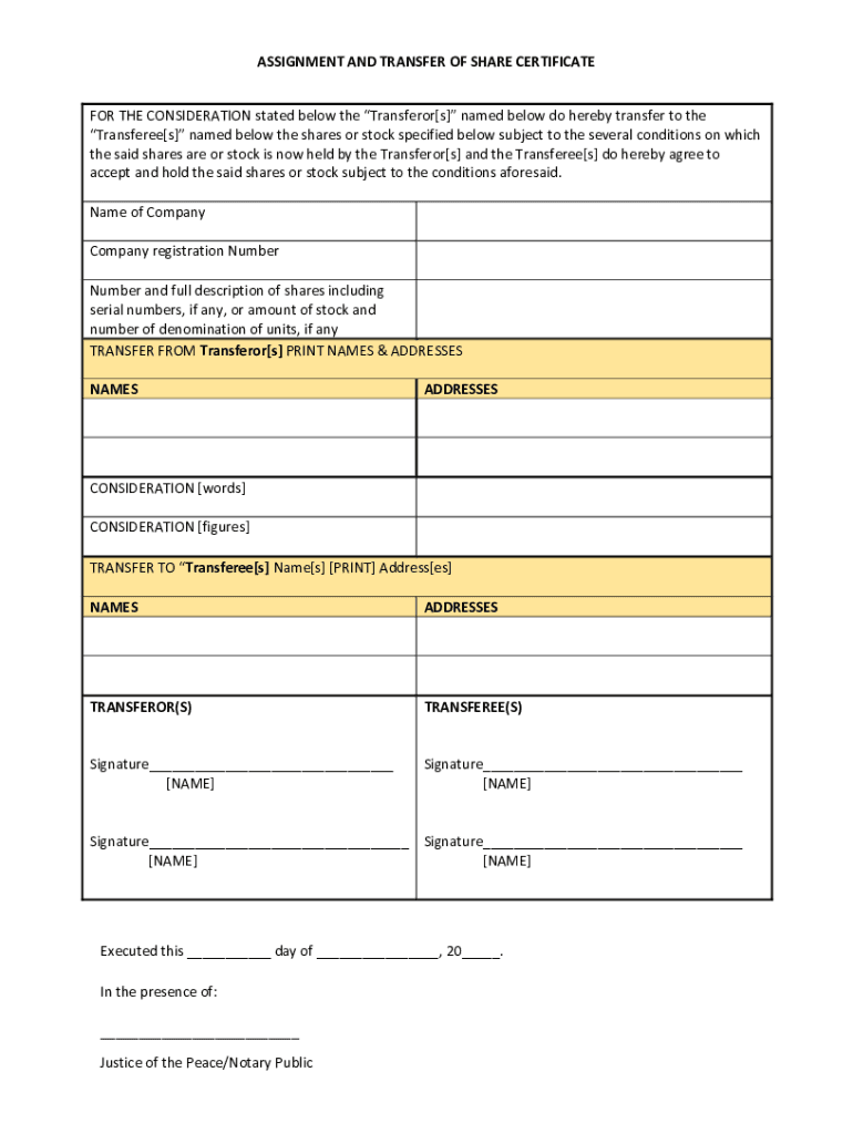 Fillable Online assignment and transfer of share certificate Fax Email ...