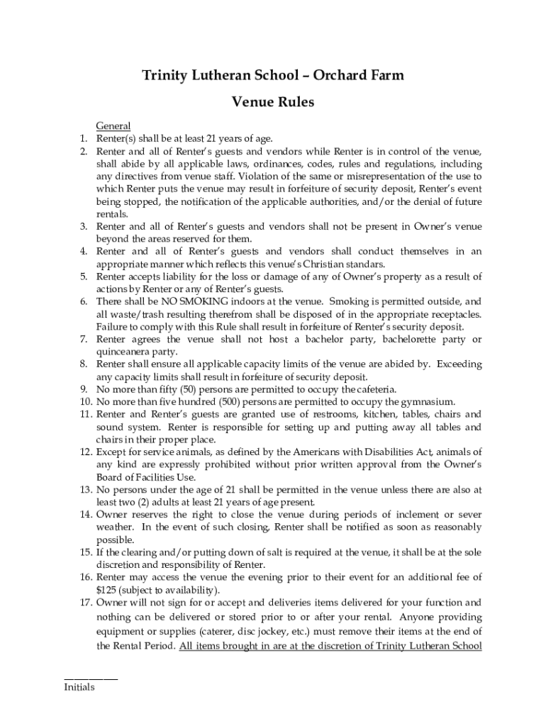 Fillable Online Trinity Lutheran SchoolOrchard Farm Venue Rules Fax ...