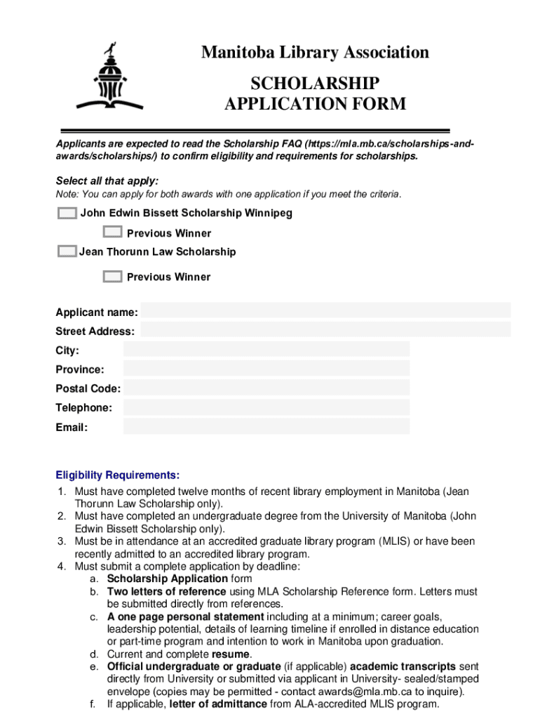 Manitoba Library Association Scholarship Application Form - Blank ...