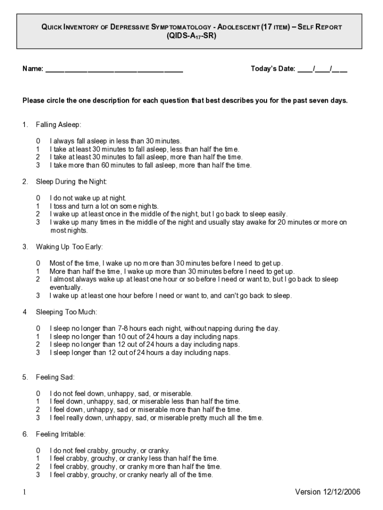 Fillable Online quick inventory of depressive symptomatology (self ...