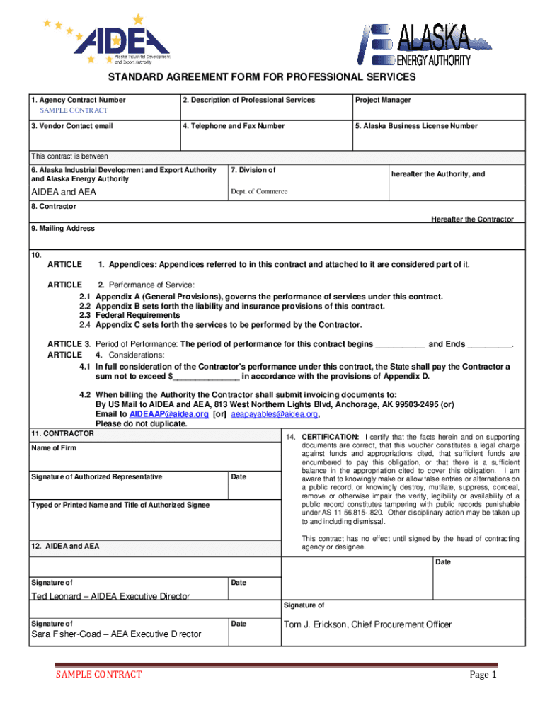 Fillable Online aws state ak SAMPLE CONTRACT Page 1 STANDARD AGREEMENT ...