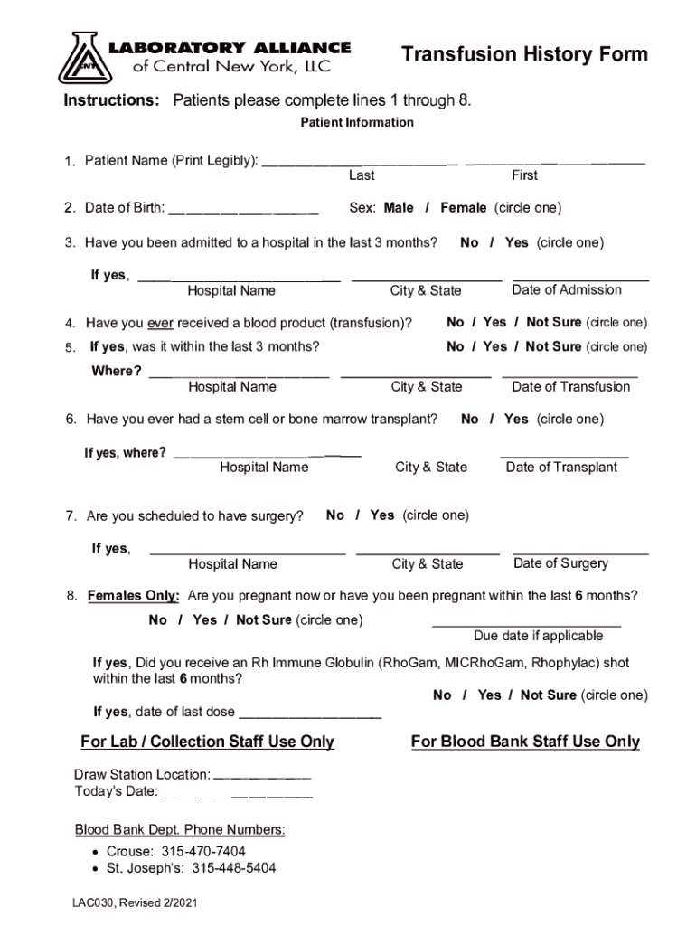 Fillable Online Refusal for Blood Transfusion/ Special Instructions for ...