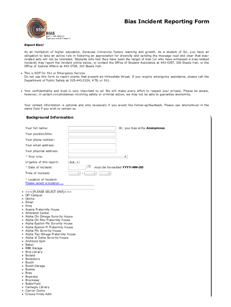 Fillable Online Bias Incident Reporting Form Fax Email Print - pdfFiller