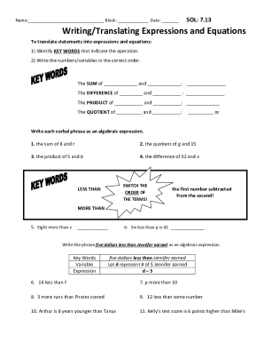 Fillable Online Translating Words Into an Algebraic Equation and ...