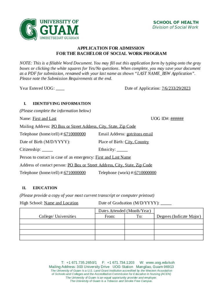 BSW Admission Application Doc Template | pdfFiller