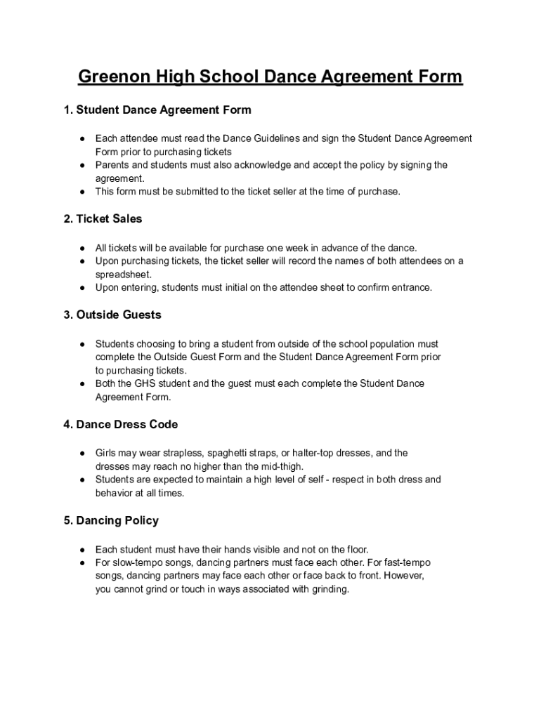 Fillable Online Greenon High School Dance Agreement Form Fax Email ...