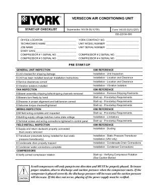 Fillable Online YSWU/YSWD Versecon Air Conditioning Unit Start-Up ...