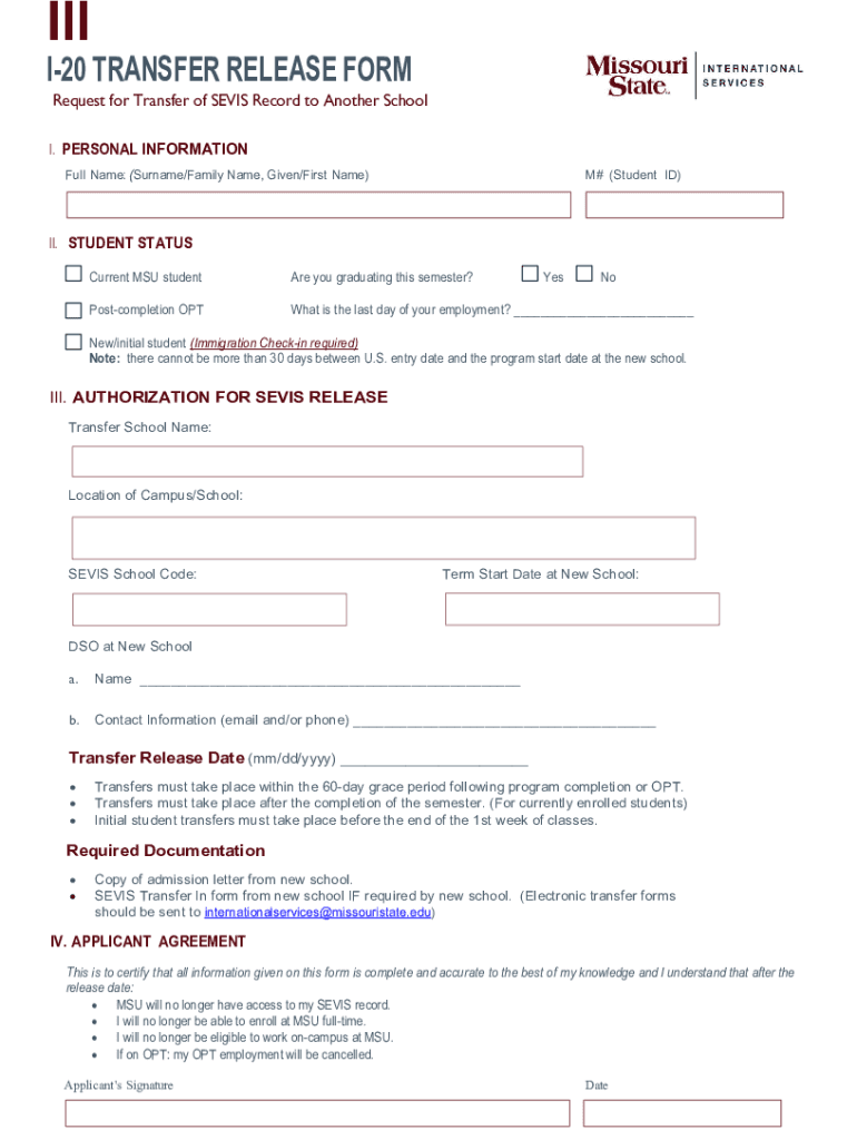 Fillable Online I-20 TRANSFER RELEASE FORM Fax Email Print - pdfFiller