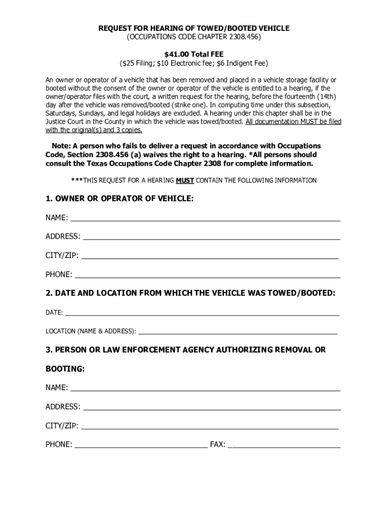 Fillable Online Request For Hearing of Towed/Booted Vehicle Fax Email ...